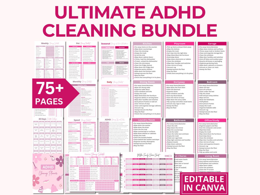 Editable ADHD Cleaning Checklist Bundle, Cleaning Schedule, Deep ...