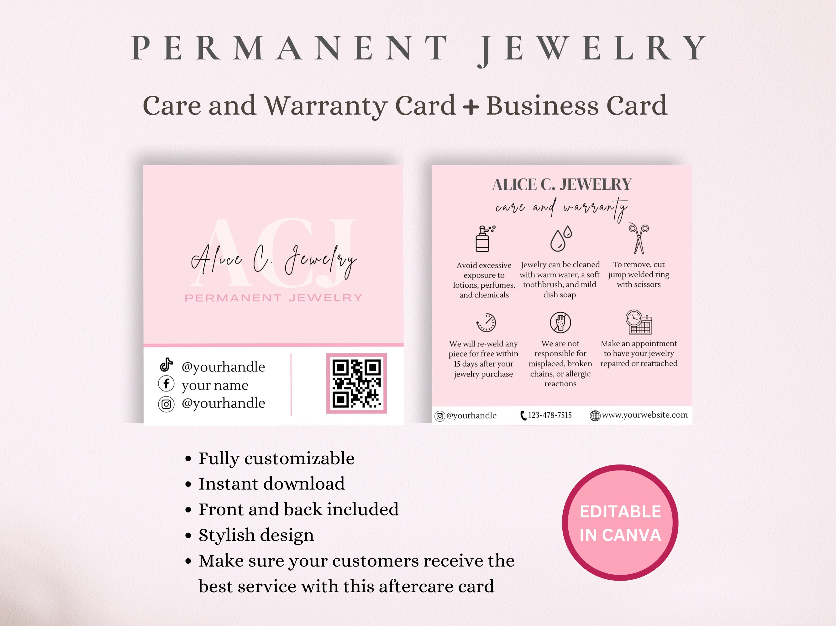 Permanent Jewelry Care Card, Permanent Jewelry Aftercare, Permanent ...