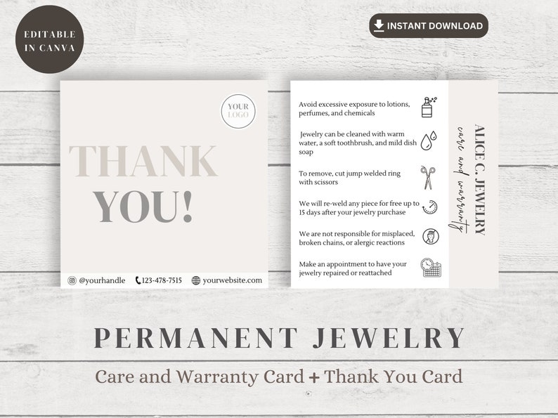 Permanent Jewelry Care Card, Permanent Jewelry Aftercare, Permanent ...