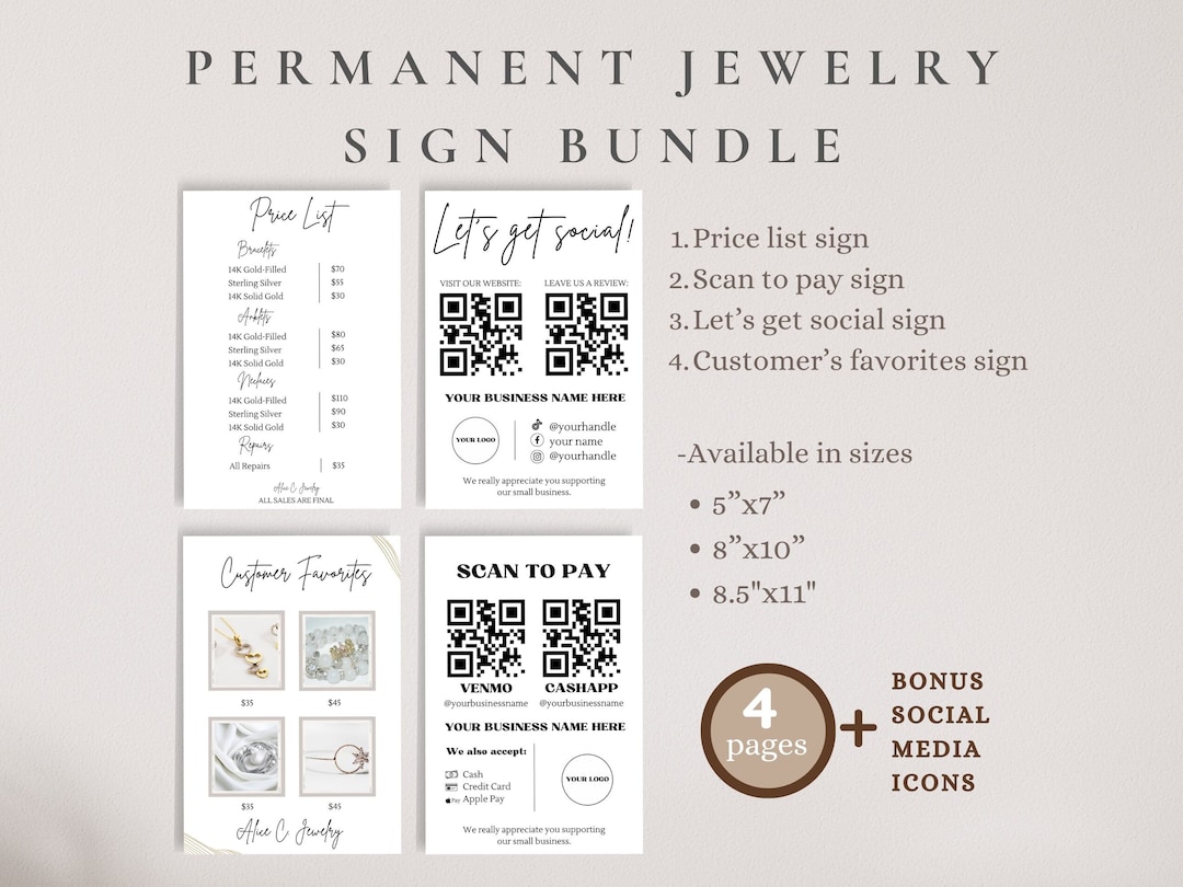 Permanent Jewelry Sign Bundle, Permanent Jewelry Price List Sign ...
