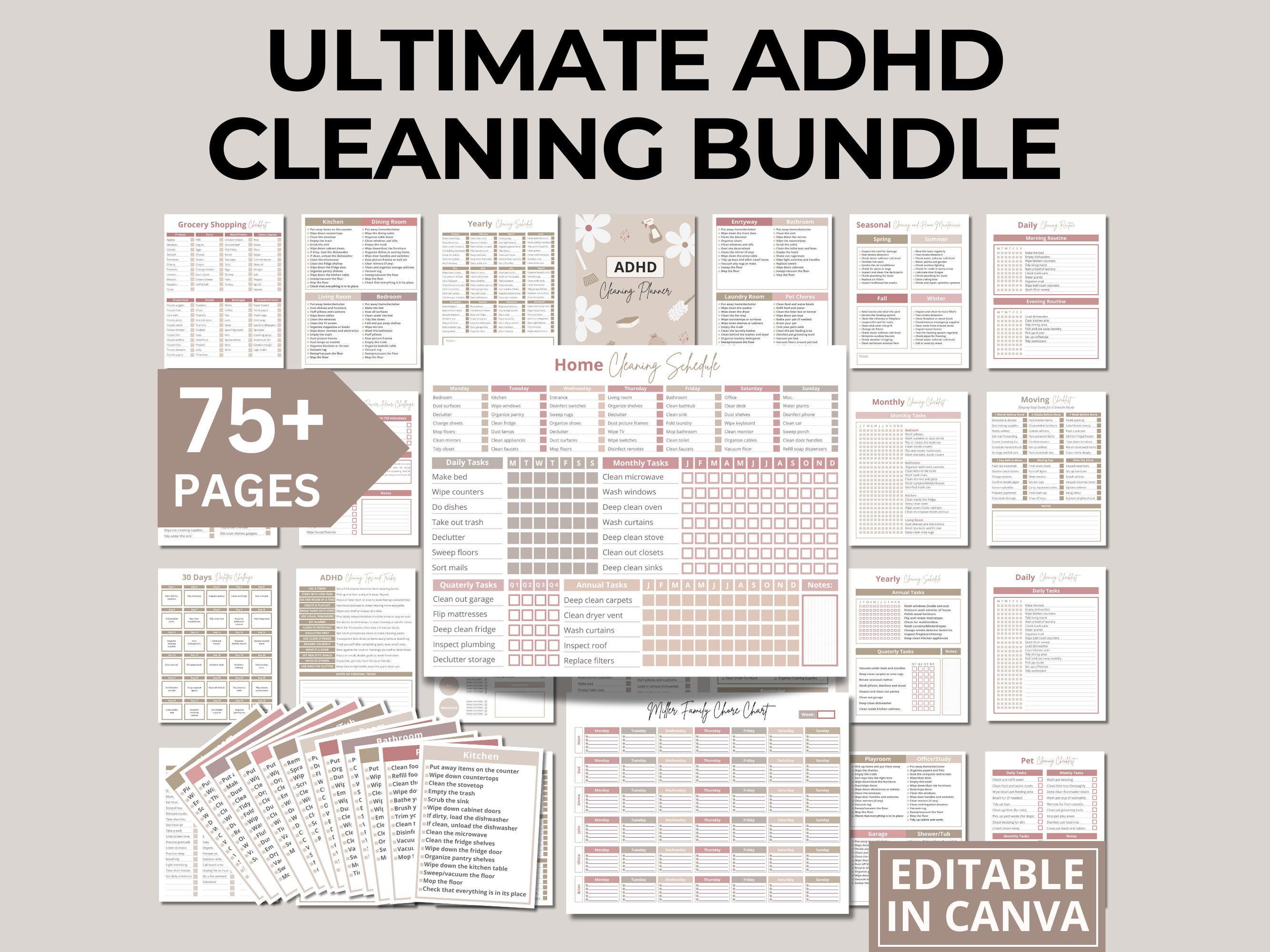 ADHD Cleaning Checklist Bundle, Editable Home Chore Charts (canva ...