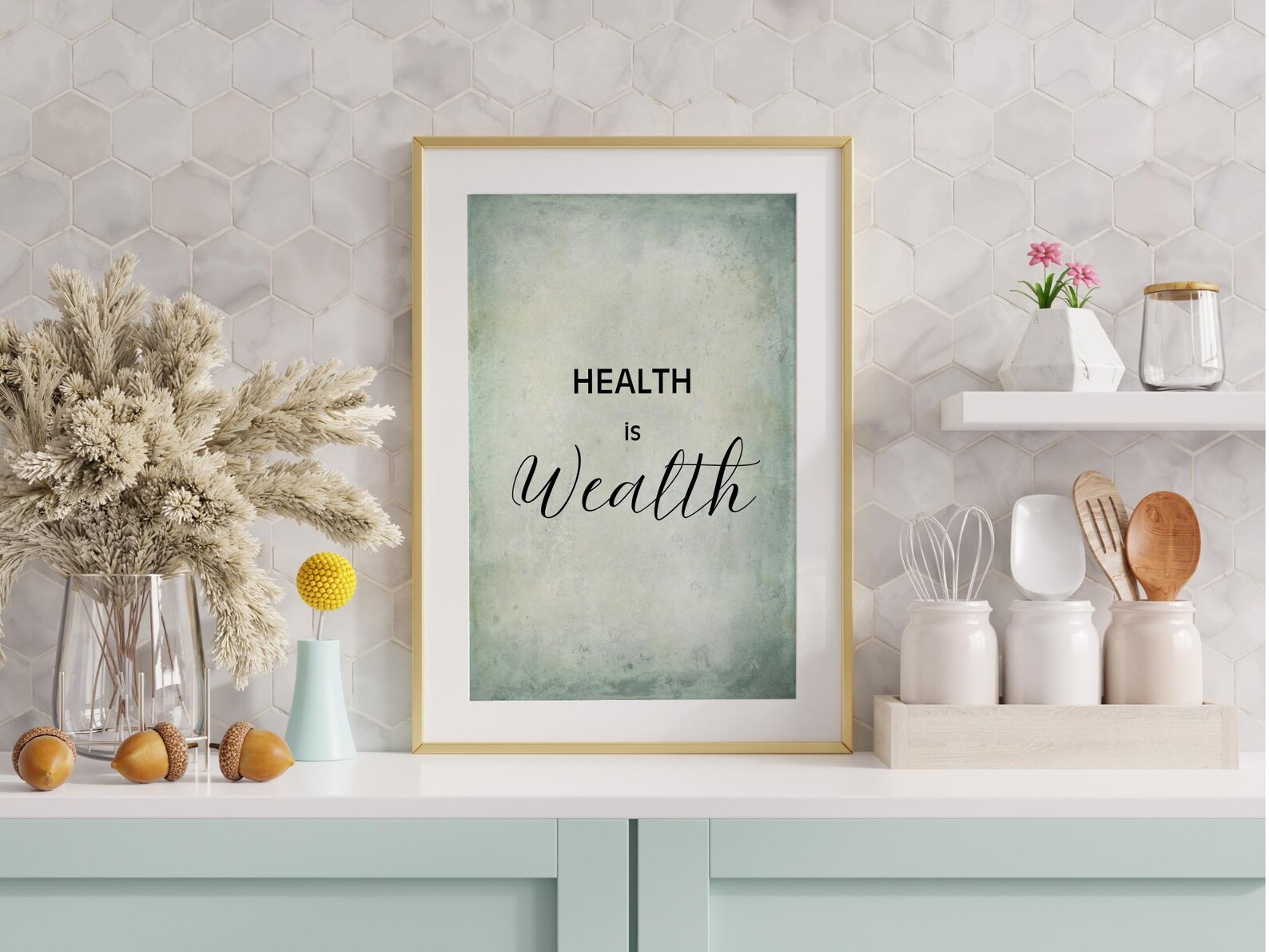 Health is Wealth Printable Digital Wall Art, Sage Green Antique ...