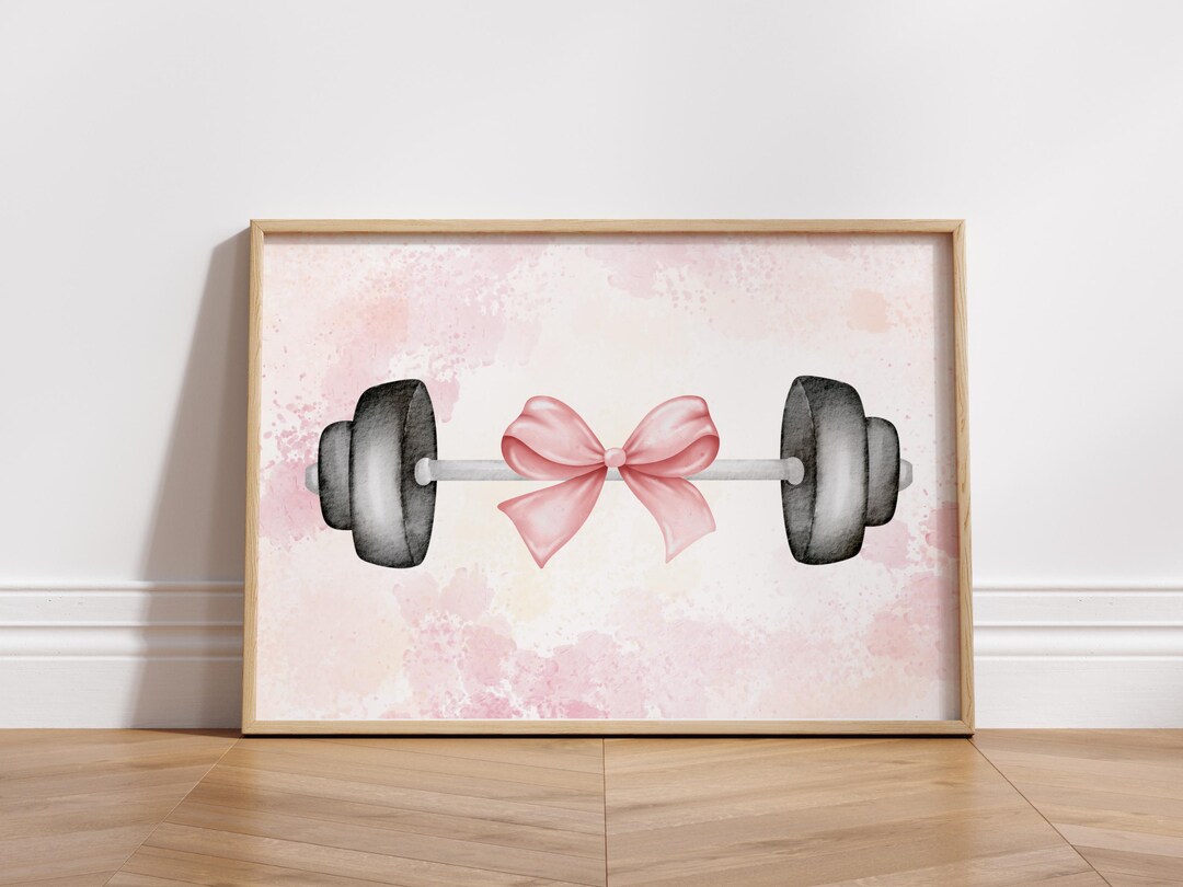 Barbell Bow Watercolor Printable Wall Art, Barbell With Pink Bow ...
