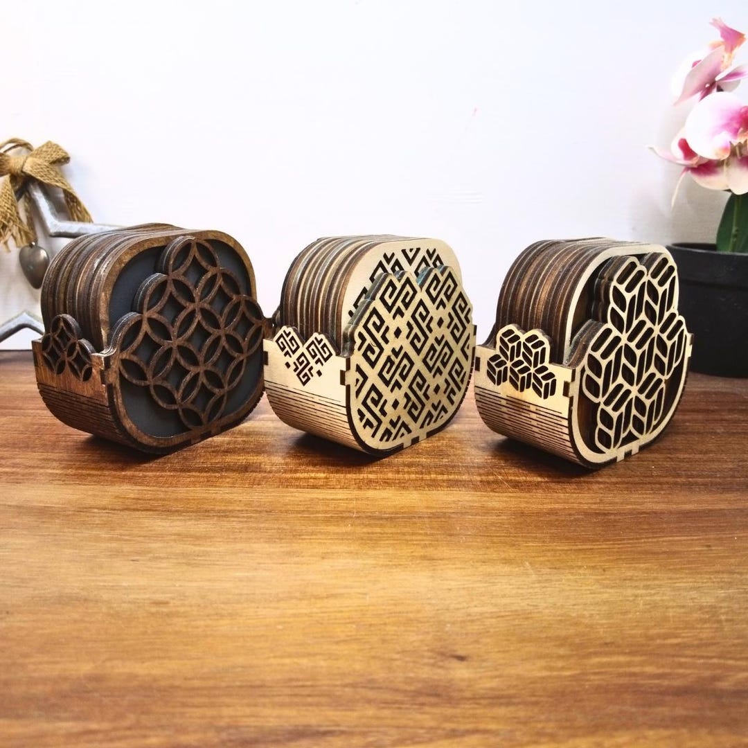 Laser Cut Coaster Set Bundle: Geometric 2-layer Designs (SVG, DXF, AI ...