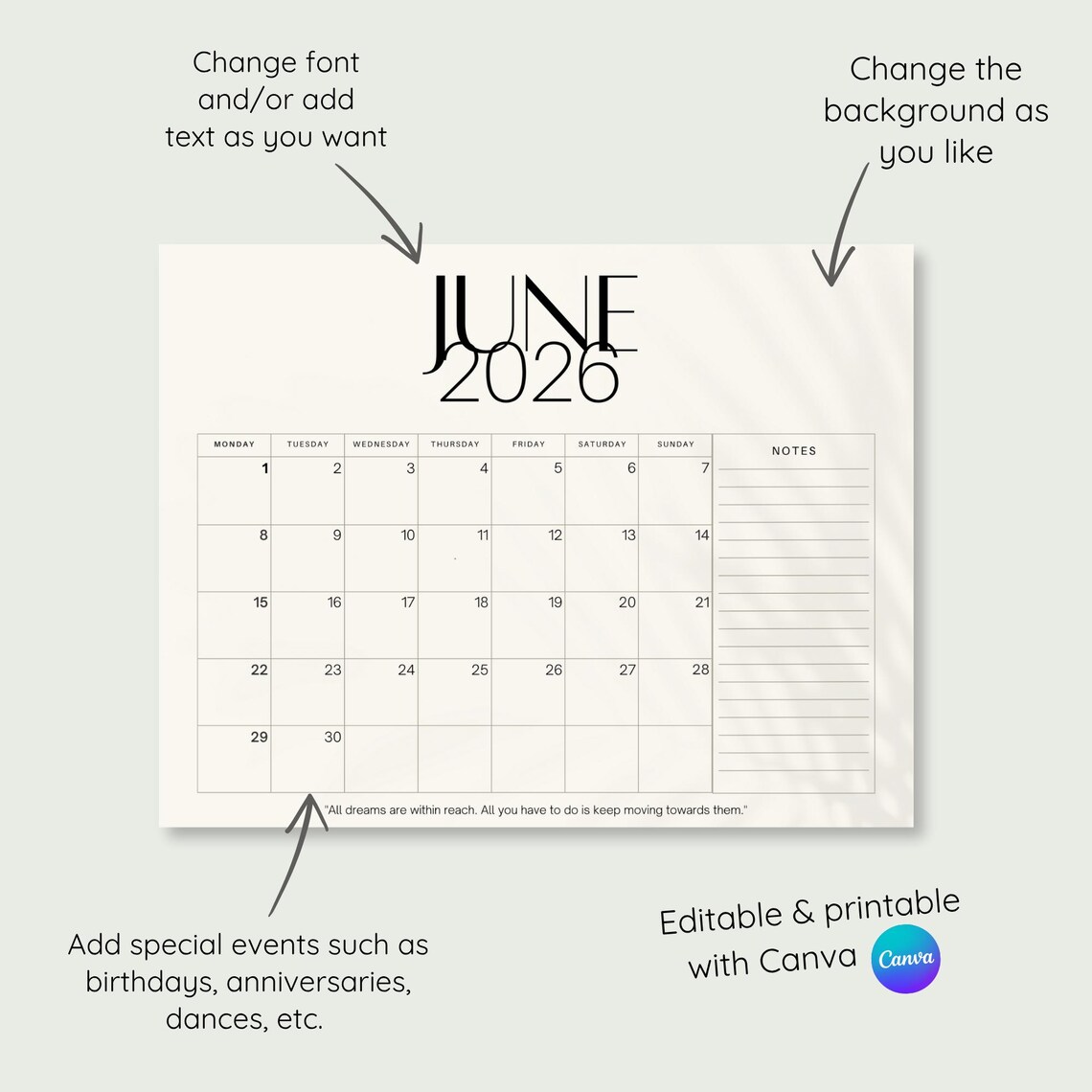 2025-2026 School Calendar: Customizable, Monday/sunday Start (digital ...