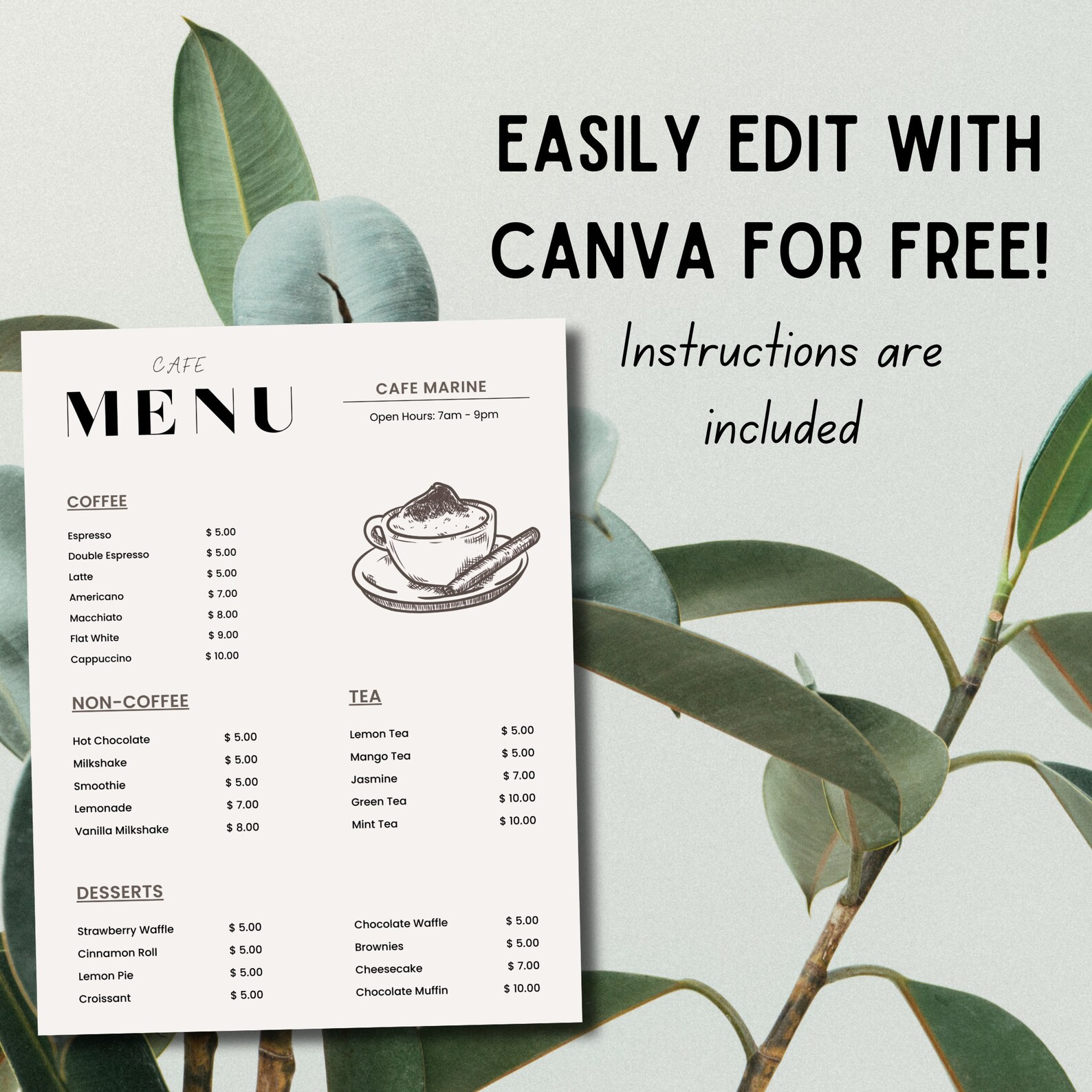 Cafe Menu Template, Coffee Menu, Fully Editable, Drinks Menu, Food Menu ...