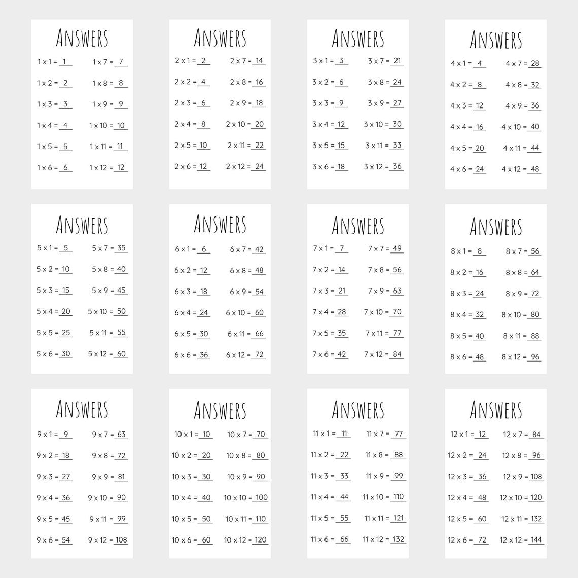 Multiplication Cards, Multiplication Flash Cards, Times Tables, Answer ...