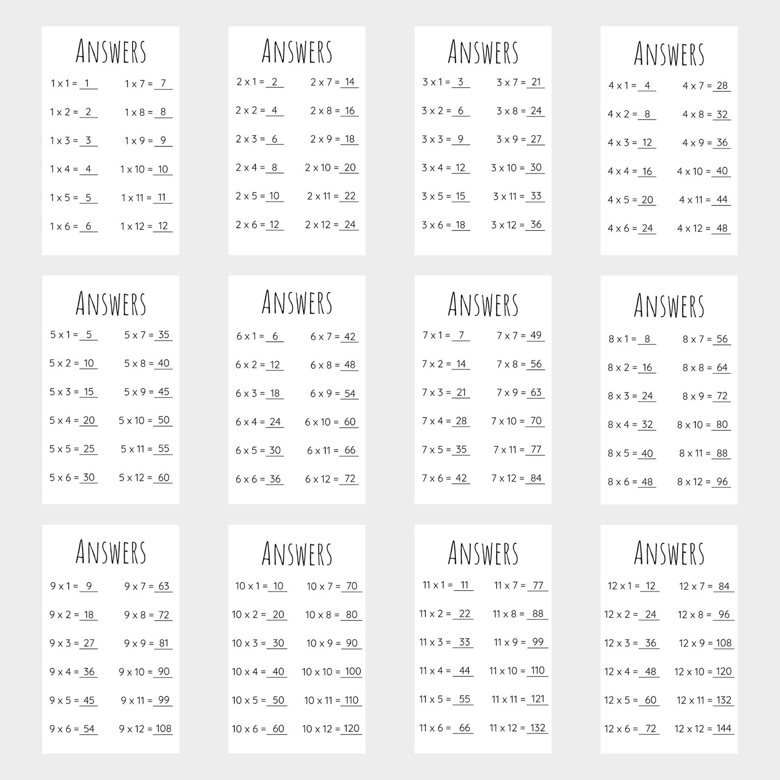 Multiplication Cards, Multiplication Flash Cards, Times Tables, Answer ...