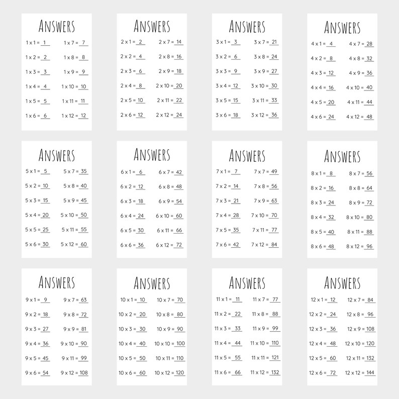 Multiplication Cards, Multiplication Flash Cards, Times Tables, Answer ...