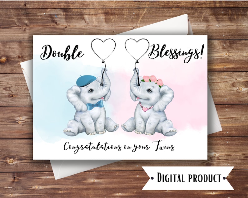 Cute Twins Congratulation Card, Elephant Card - Etsy