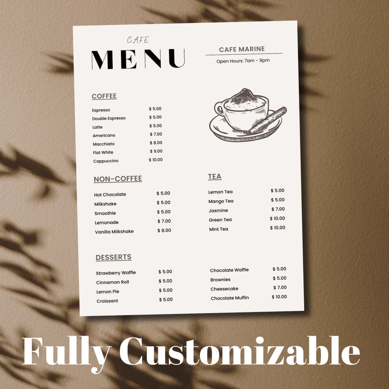 Cafe Menu Template, Coffee Menu, Fully Editable, Drinks Menu, Food Menu ...