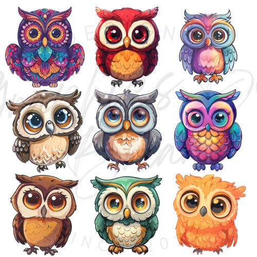 Colorful Cute Owl Clipart Bundle, Vibrant Colors, Owl Clipart PNG, Owl ...