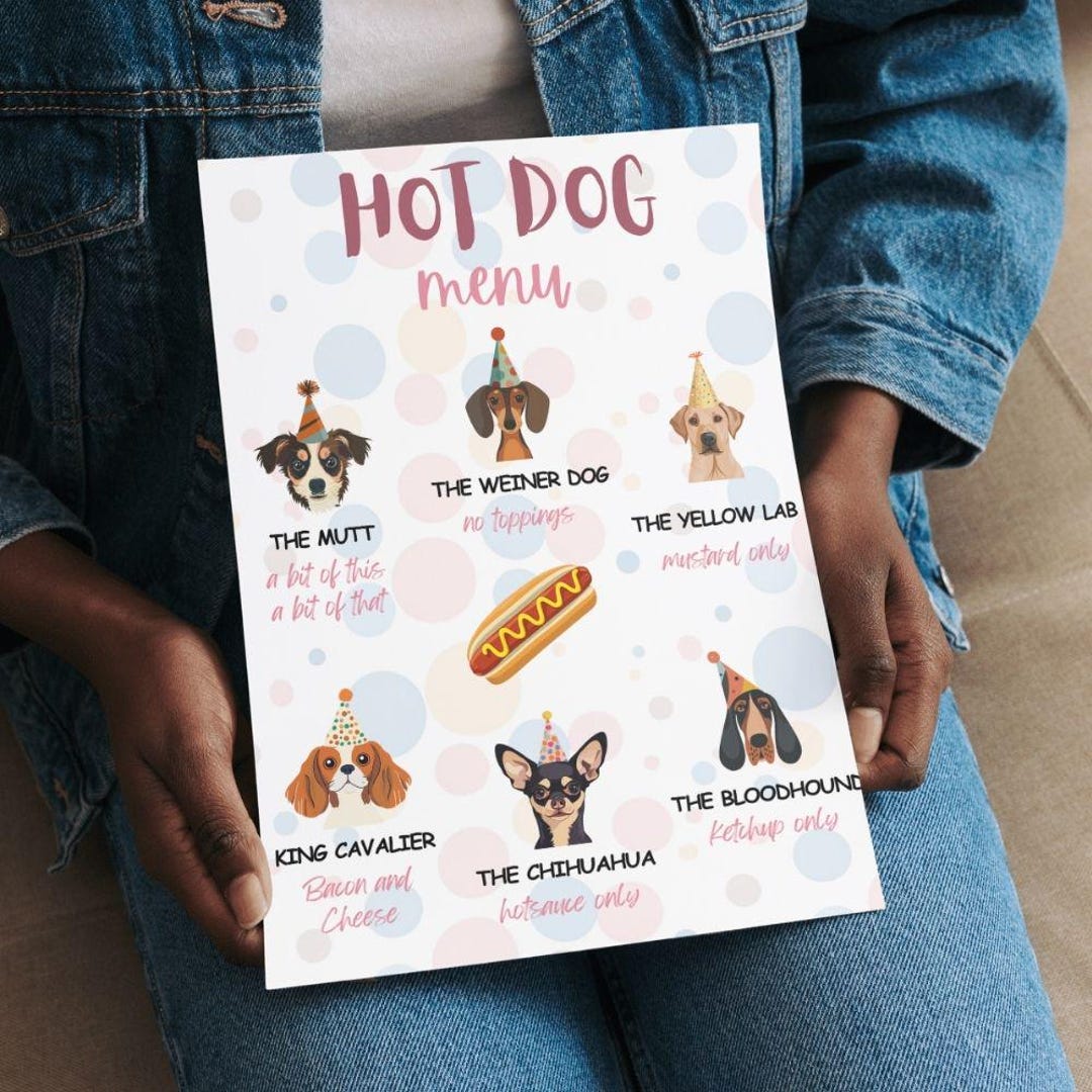 Puppy Birthday Party Hot Dog Menu Party, Hot Dog Bar Sign Printable ...