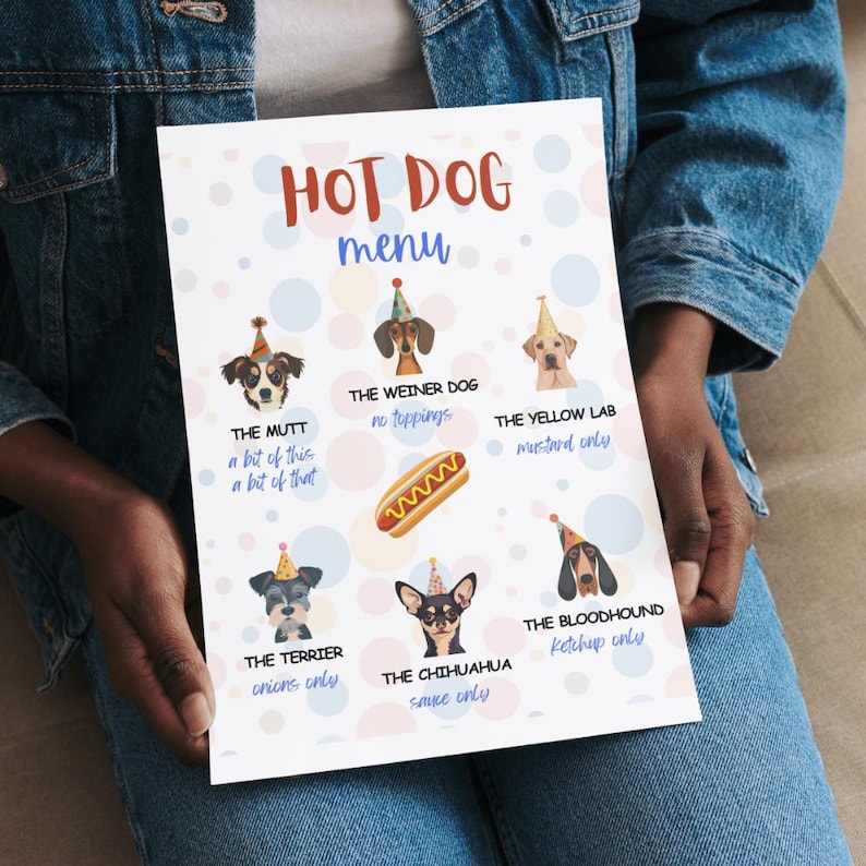 Puppy Birthday Party Hot Dog Menu, Printable Instant Download Doggy ...