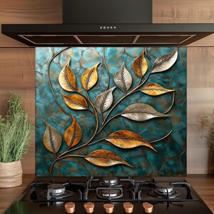 Tempered Glass Kitchen Backsplash: Rustic Leaf Design, Heat Resistant ...