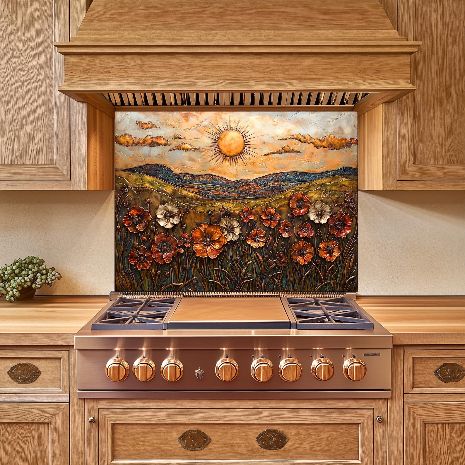 Tempered Glass Kitchen Backsplash, Rustic Sun & Wildflower Glass ...