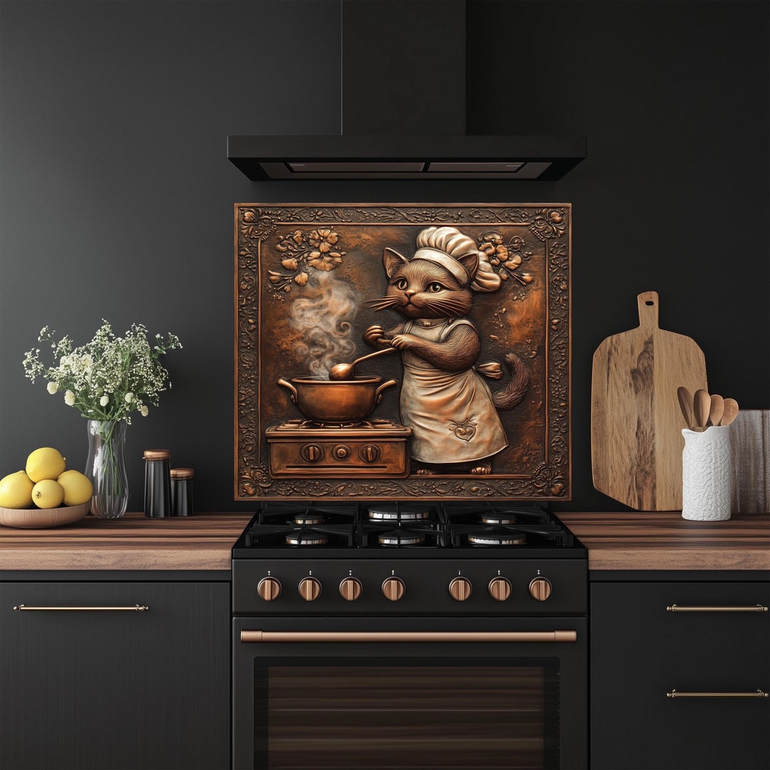 Glass Kitchen Backsplash Behind Stove, Chef Cat Glass Backsplash, Glass ...