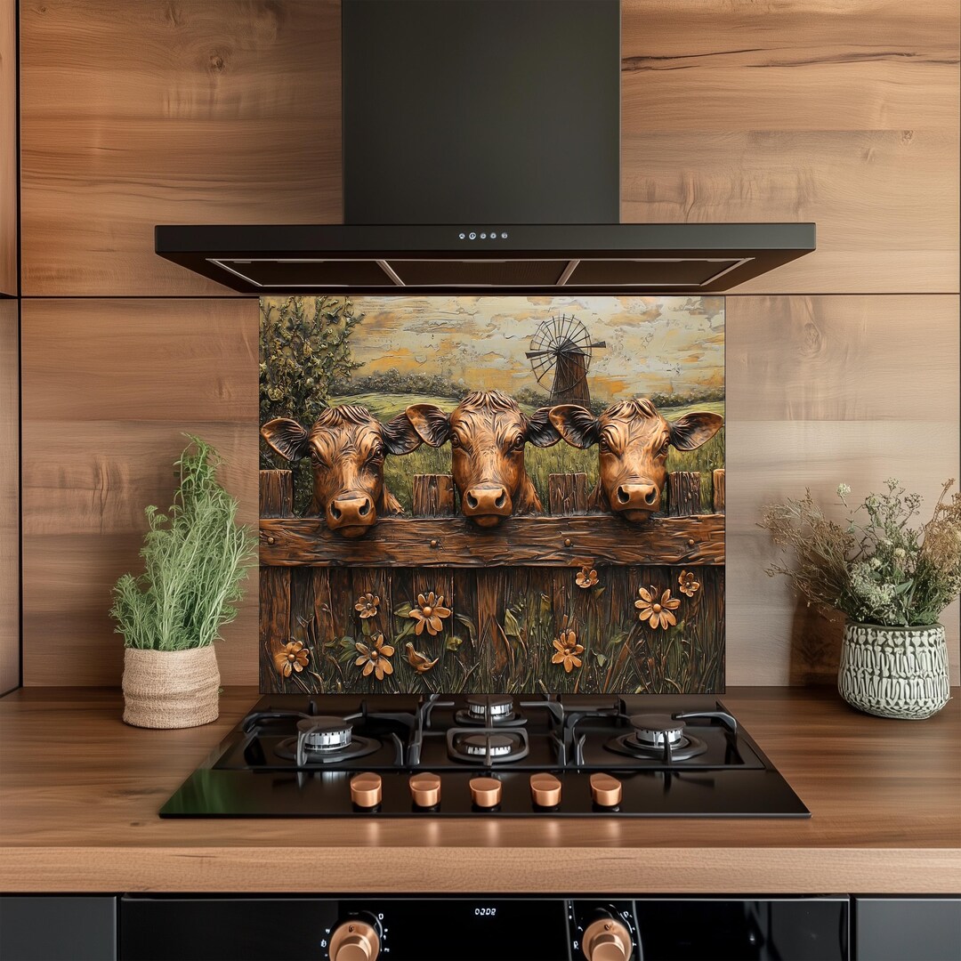 Tempered Glass Kitchen Backsplash, Cow & Farmhouse Glass Backsplash ...