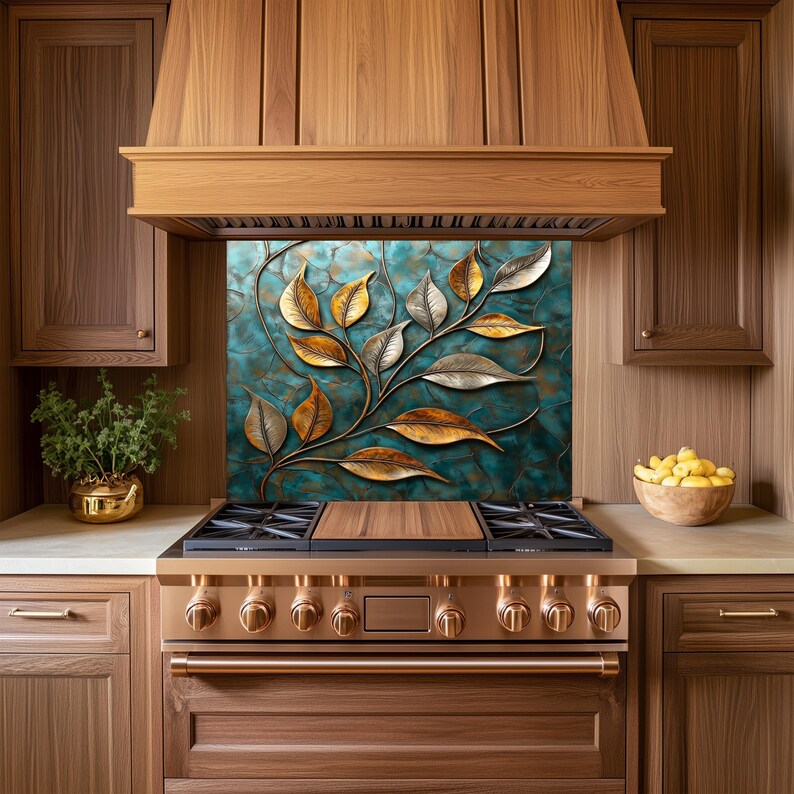 Tempered Glass Kitchen Backsplash: Rustic Leaf Design, Heat Resistant ...