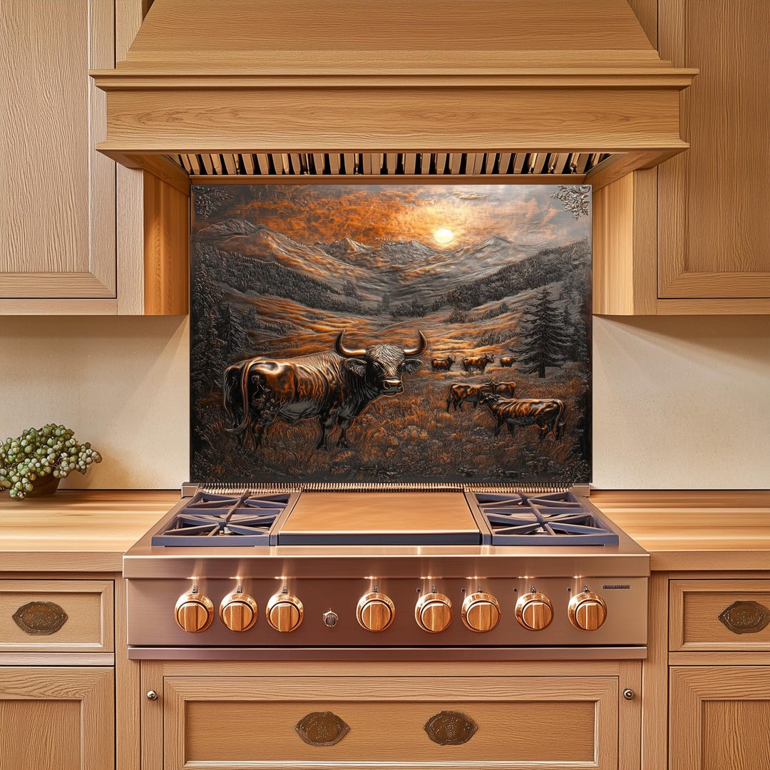 Rustic Highland Cow Glass Kitchen Backsplash – Western Lodge Stove ...