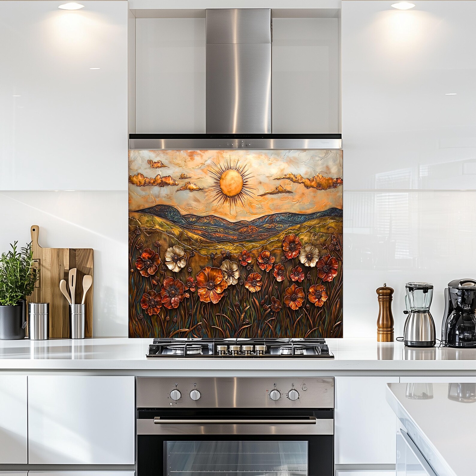 Tempered Glass Kitchen Backsplash, Rustic Sun & Wildflower Glass ...