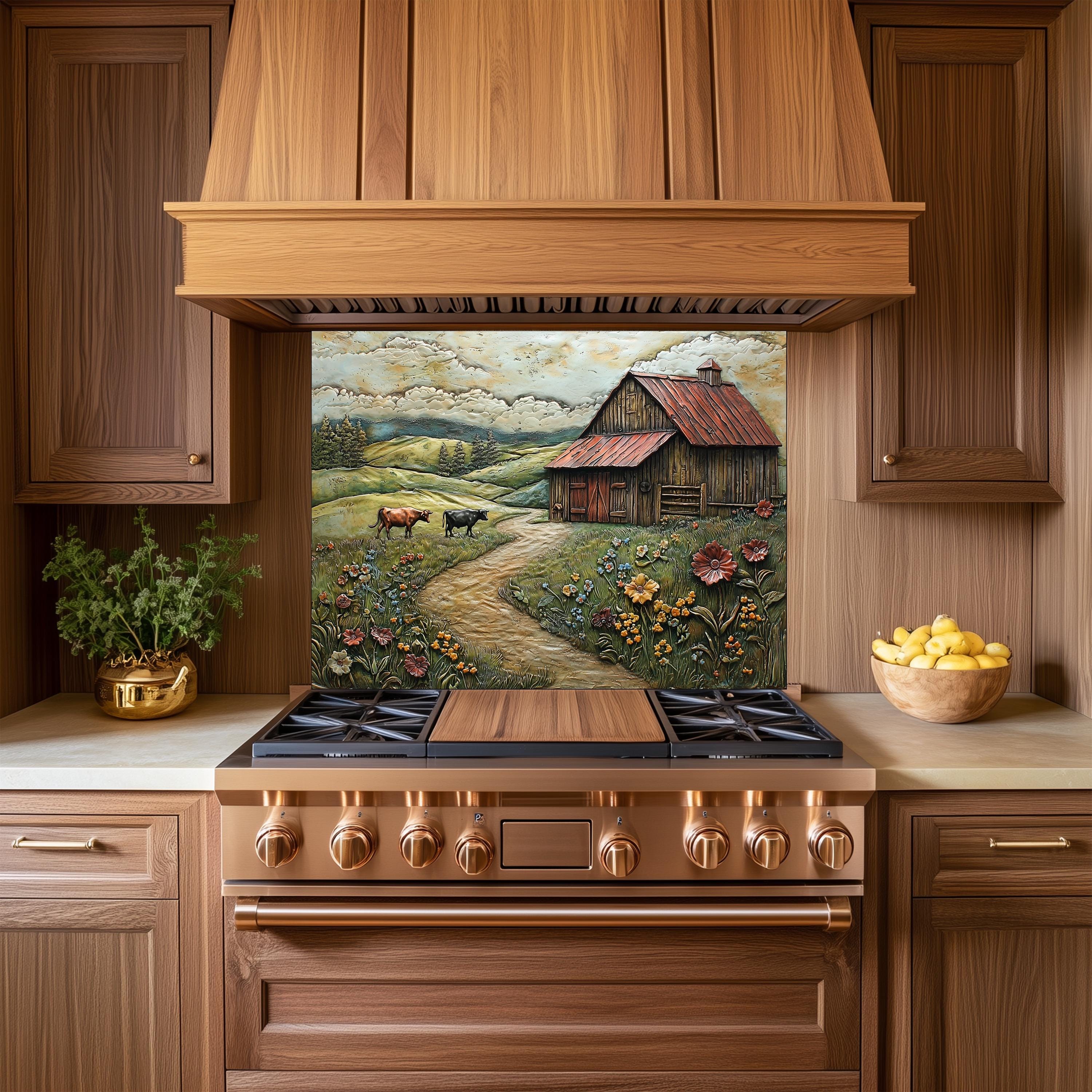 Tempered Glass Kitchen Backsplash, Farm and Cow Glass Backsplash,glass ...