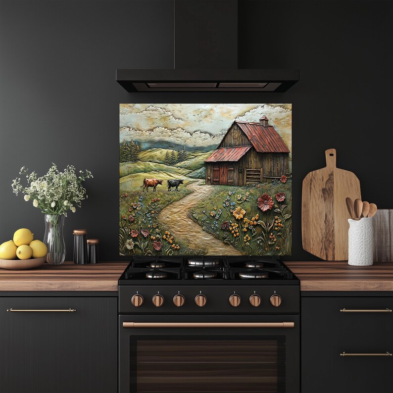 Tempered Glass Kitchen Backsplash, Farm and Cow Glass Backsplash,glass ...