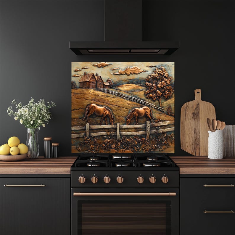 Horse Farm Tempered Glass Kitchen Backsplash: Heat & Scratch Resistant ...