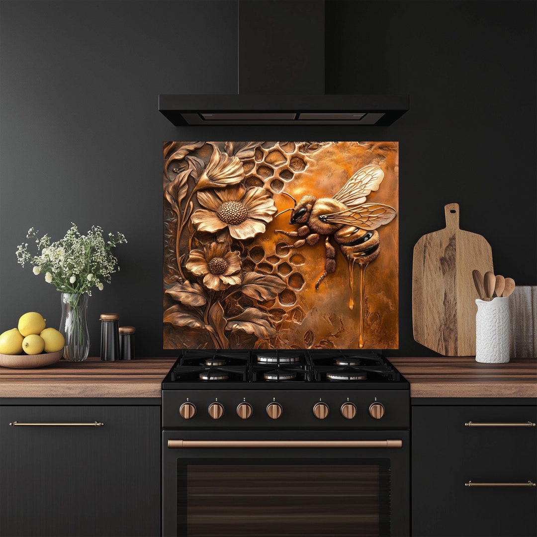 Bee & Honeycomb Tempered Glass Kitchen Backsplash Rustic Golden Stove ...