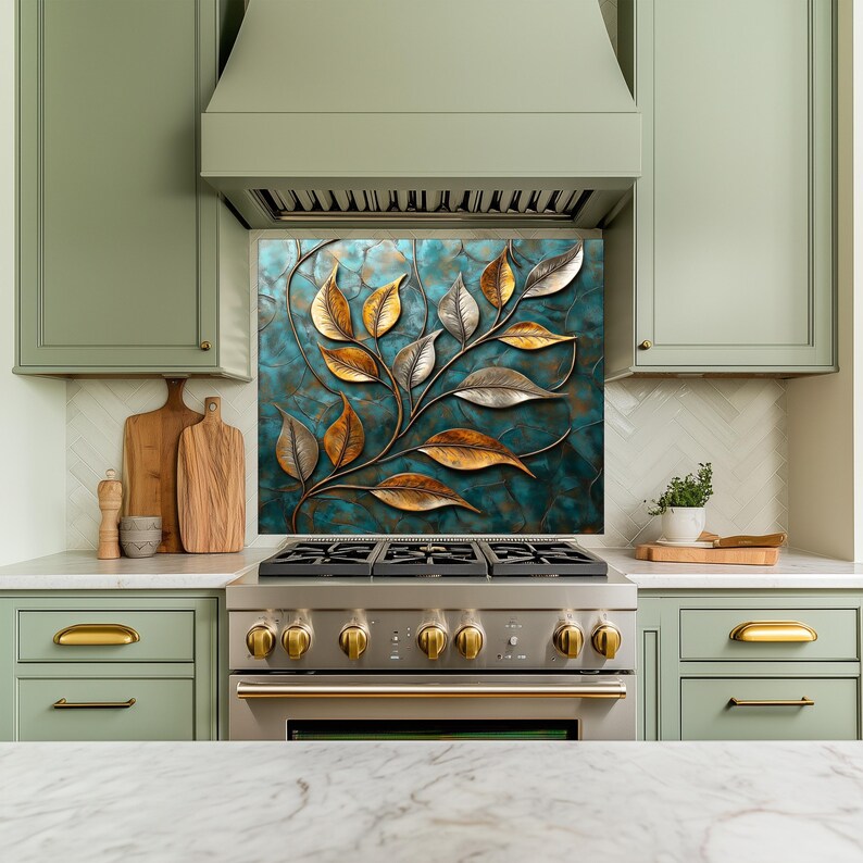 Tempered Glass Kitchen Backsplash: Rustic Leaf Design, Heat Resistant ...