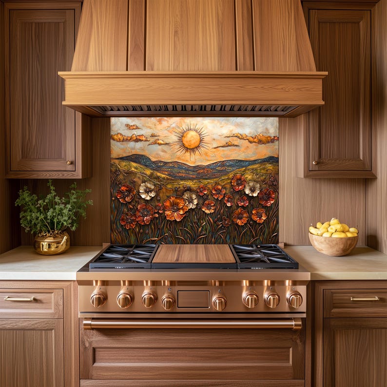 Tempered Glass Kitchen Backsplash, Rustic Sun & Wildflower Glass ...