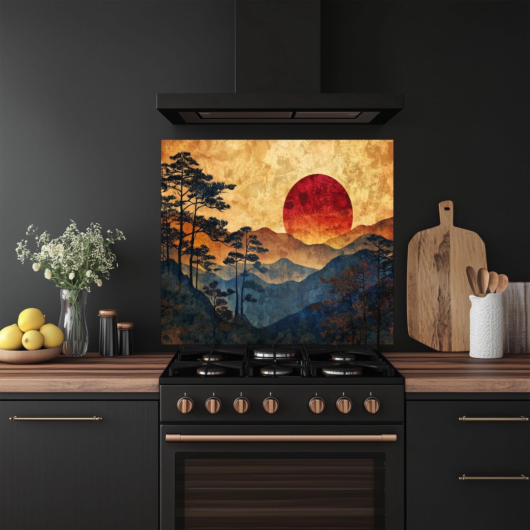 Japanese Sunset Tempered Glass Kitchen Backsplash Tranquil Mountain ...
