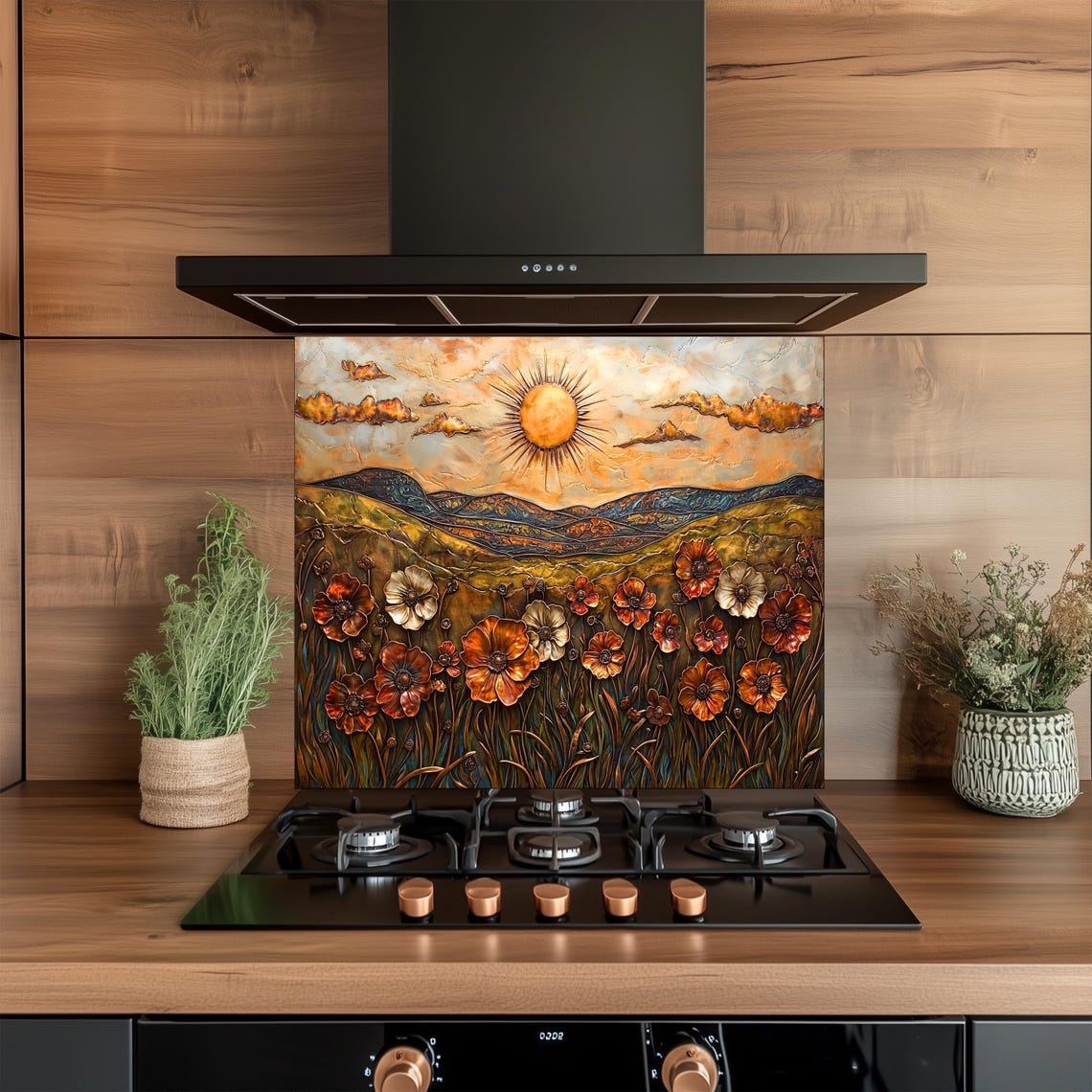 Tempered Glass Kitchen Backsplash, Rustic Sun & Wildflower Glass ...