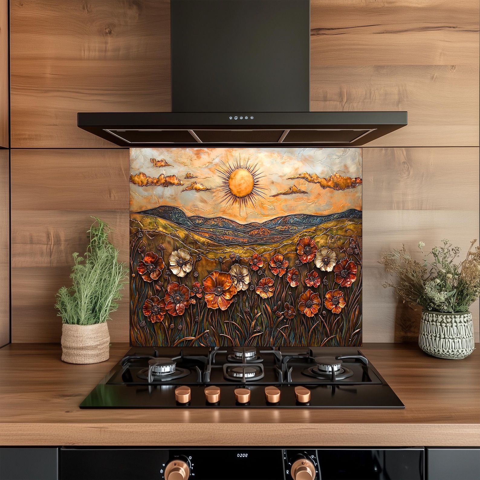 Tempered Glass Kitchen Backsplash, Rustic Sun & Wildflower Glass ...