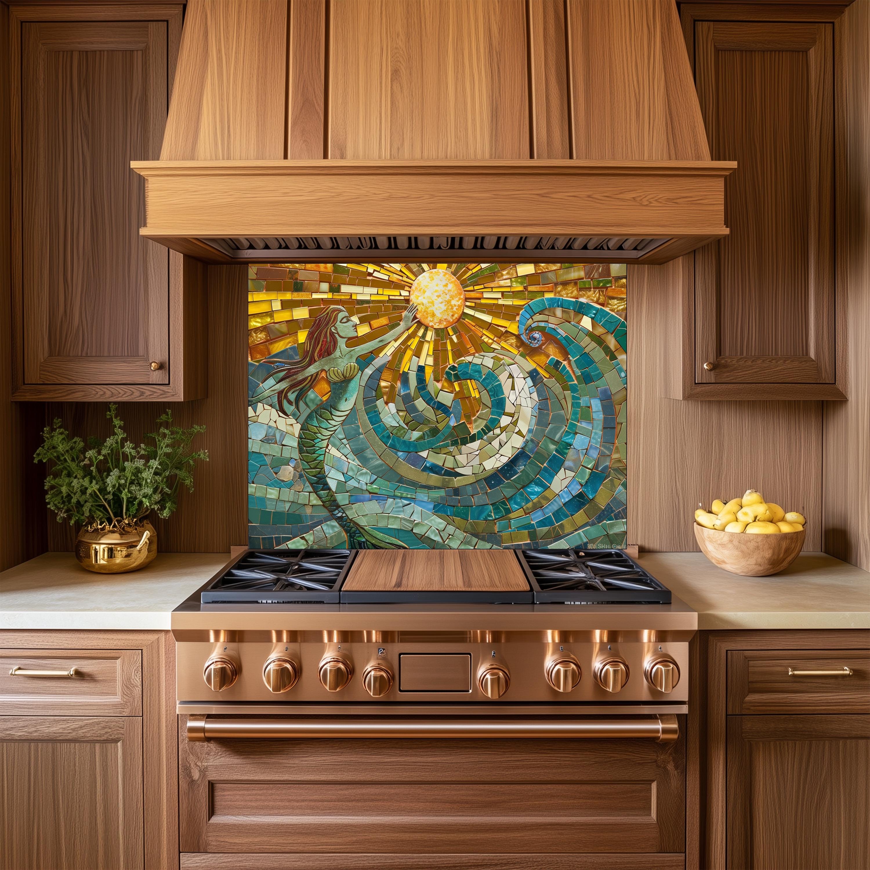 Glass Kitchen Backsplash Behind Stove, Mosaic Mermaid Glass Backsplash ...