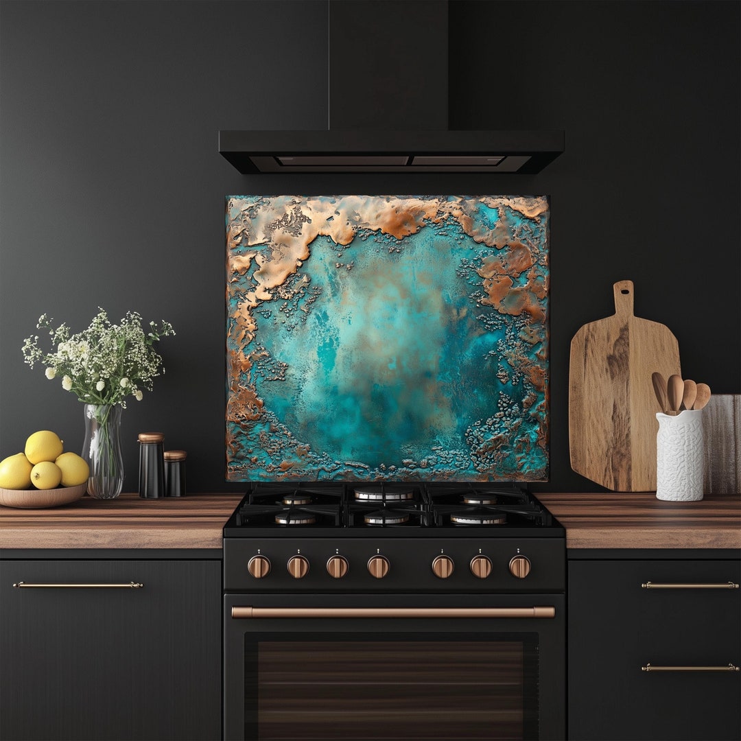 Tempered Glass Kitchen Backsplash, Turquoise & Copper Patina Glass ...