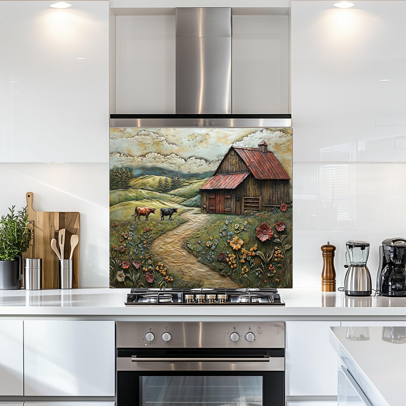 Tempered Glass Kitchen Backsplash, Farm and Cow Glass Backsplash,glass ...