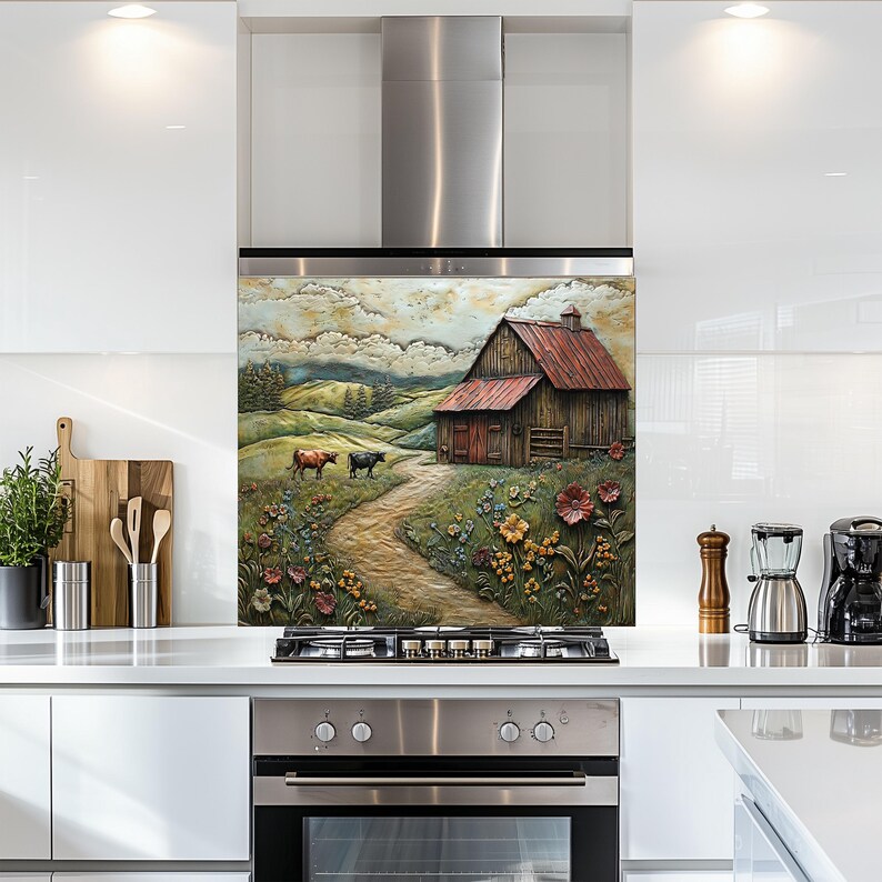 Tempered Glass Kitchen Backsplash, Farm and Cow Glass Backsplash,glass ...