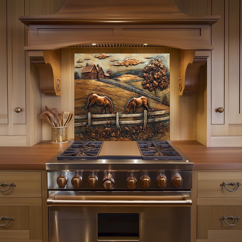 Horse Farm Tempered Glass Kitchen Backsplash: Heat & Scratch Resistant ...
