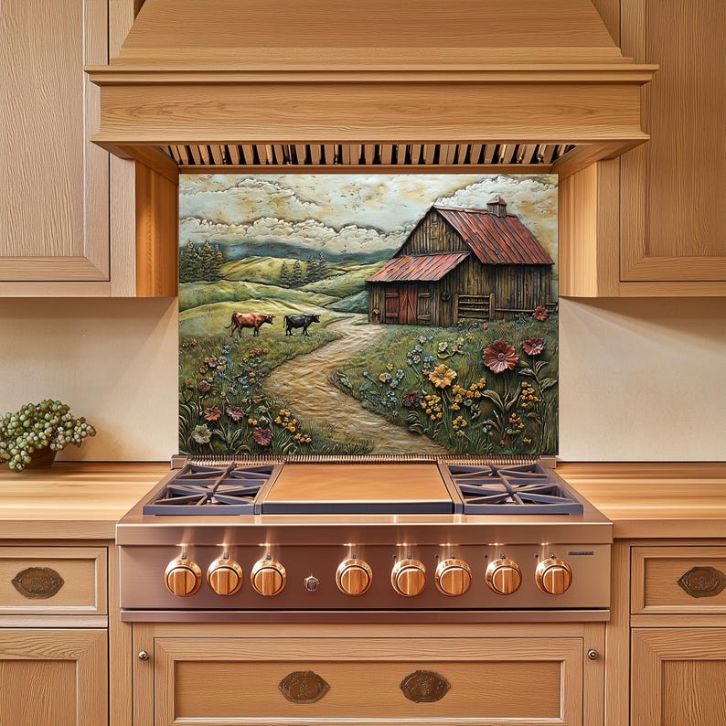 Tempered Glass Kitchen Backsplash, Farm and Cow Glass Backsplash,glass ...