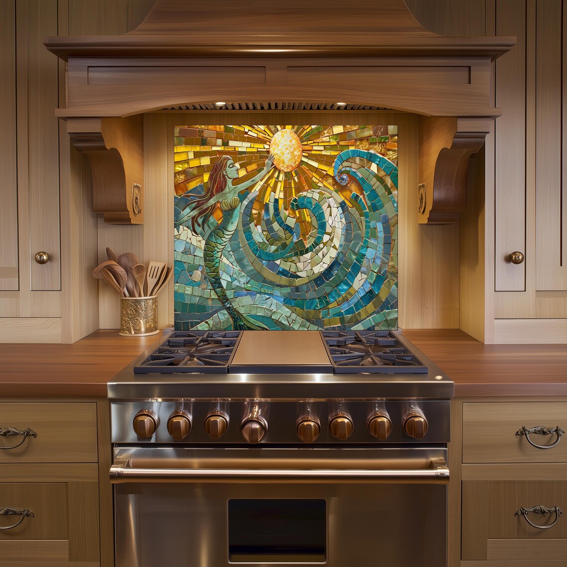 Glass Kitchen Backsplash Behind Stove, Mosaic Mermaid Glass Backsplash ...