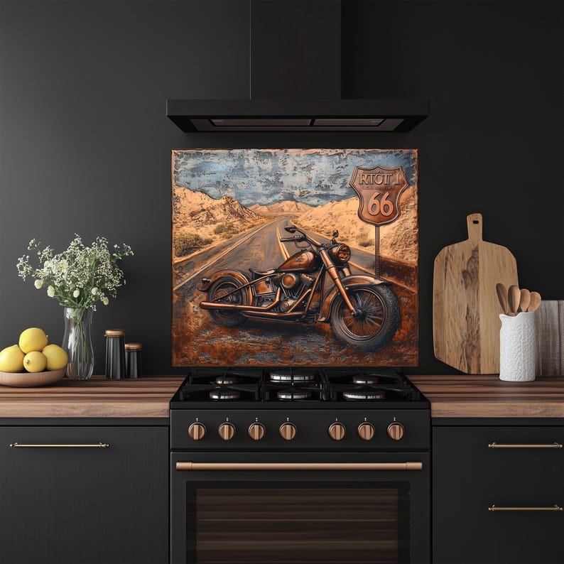 Retro Road Trip Glass Kitchen Backsplash: Rustic Mountain Copper Design ...