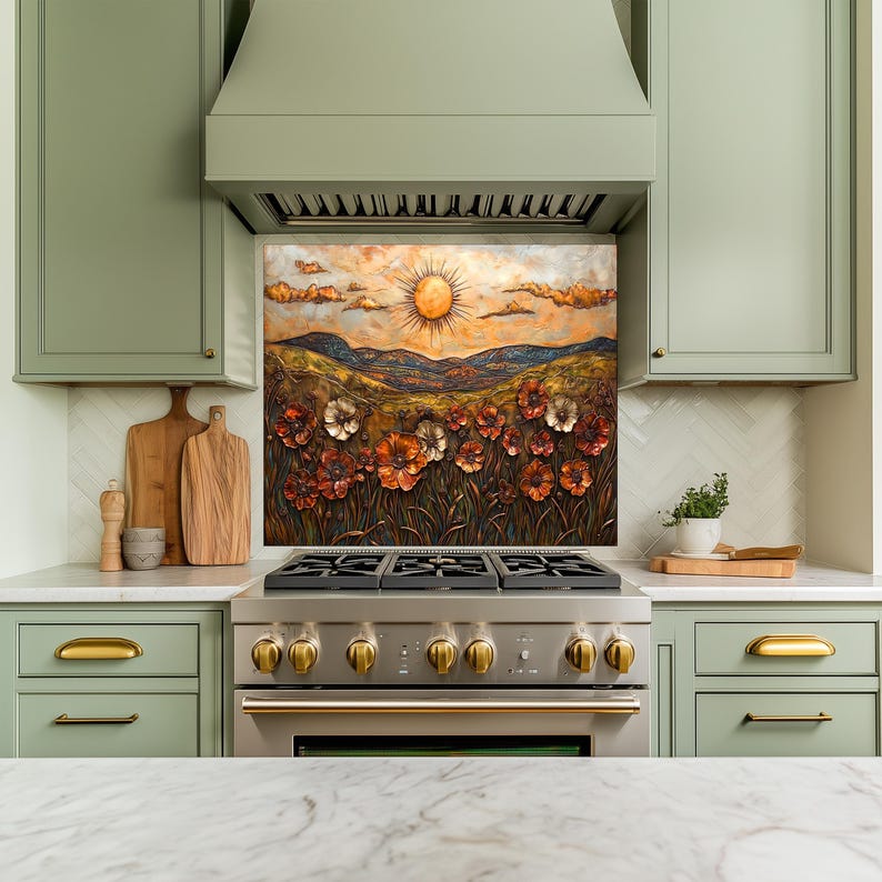 Tempered Glass Kitchen Backsplash, Rustic Sun & Wildflower Glass ...