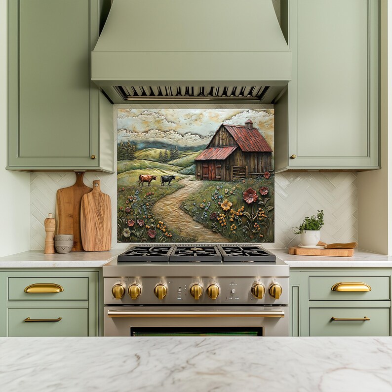 Tempered Glass Kitchen Backsplash, Farm and Cow Glass Backsplash,glass ...
