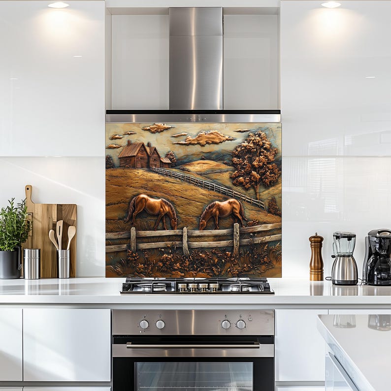 Horse Farm Tempered Glass Kitchen Backsplash: Heat & Scratch Resistant ...