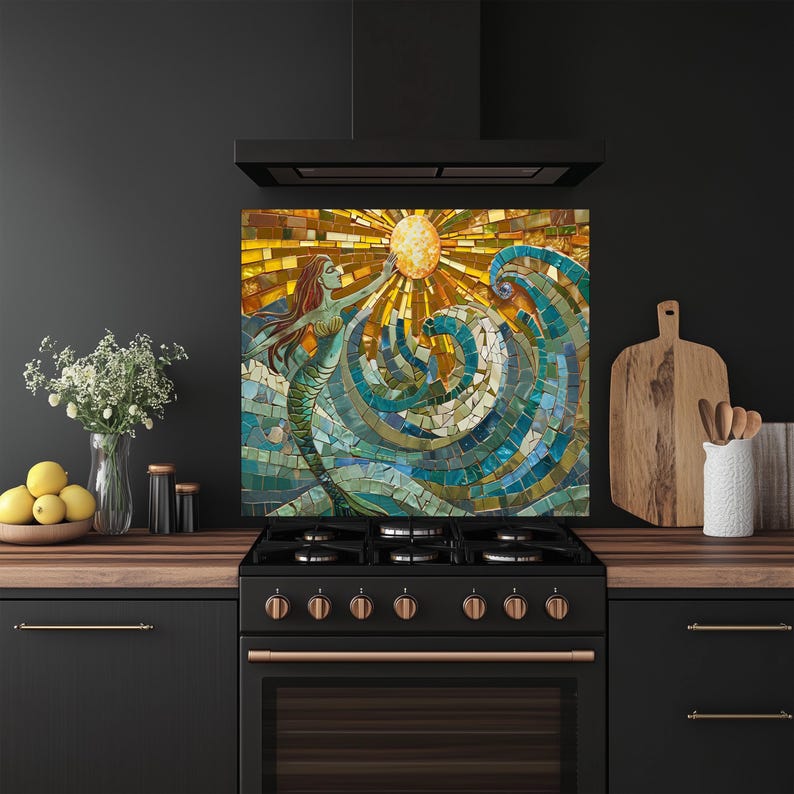 Glass Kitchen Backsplash Behind Stove, Mosaic Mermaid Glass Backsplash ...