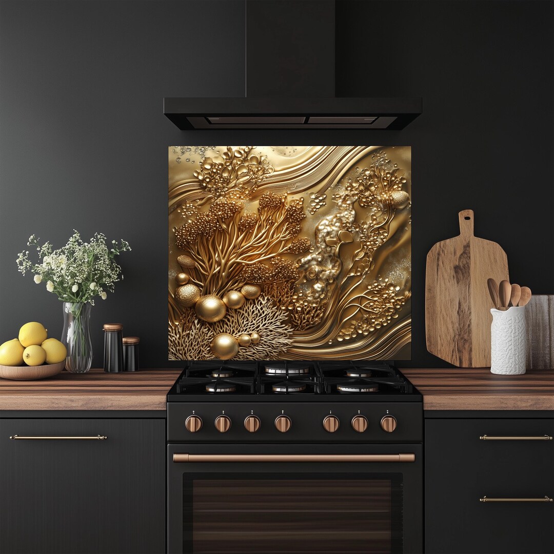 Gold Coral Relief Tempered Glass Kitchen Backsplash: Heat & Scratch ...