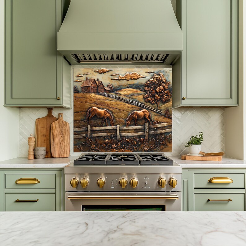 Horse Farm Tempered Glass Kitchen Backsplash: Heat & Scratch Resistant ...