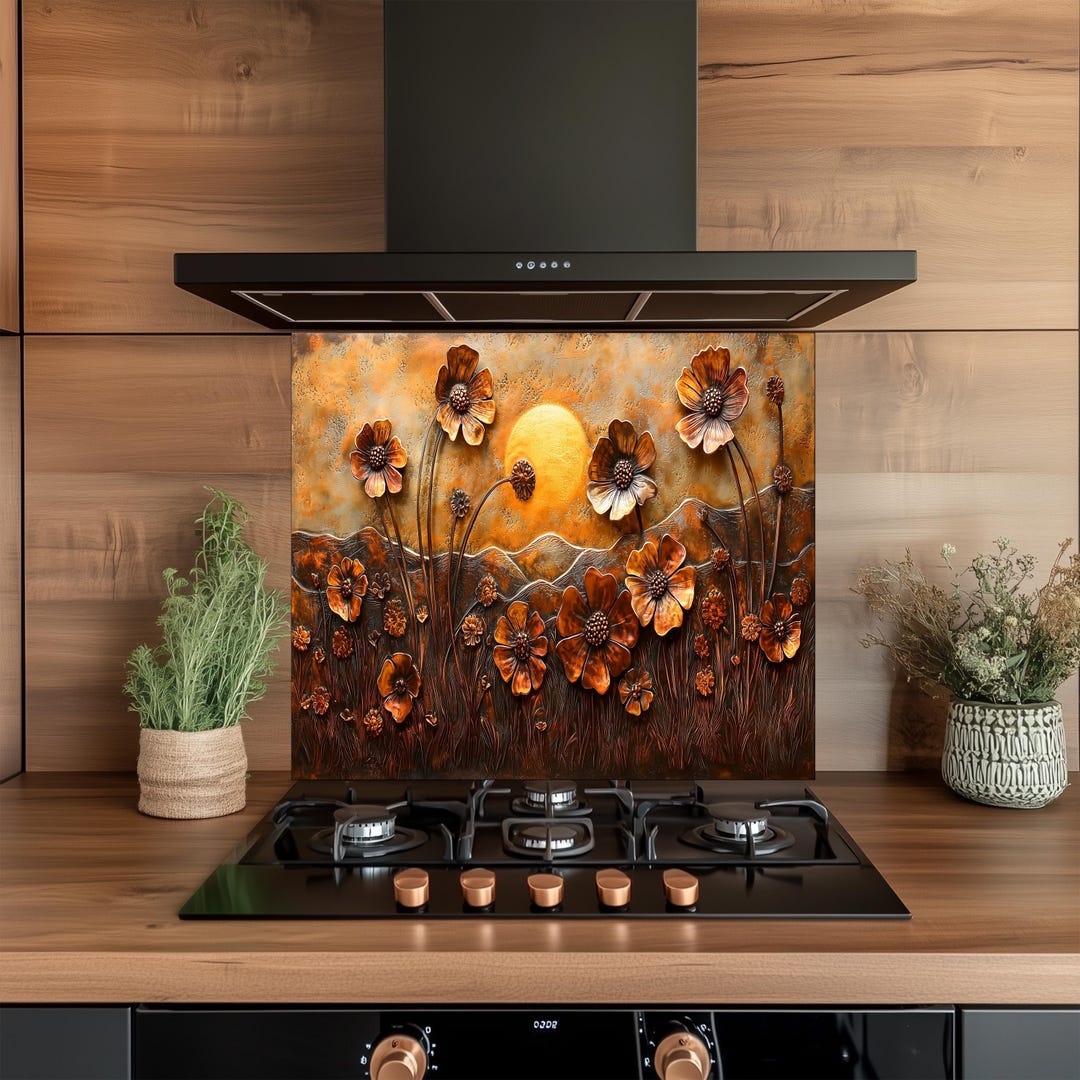 Tempered Glass Kitchen Backsplash, Sun & Wildflowers Glass Backsplash ...