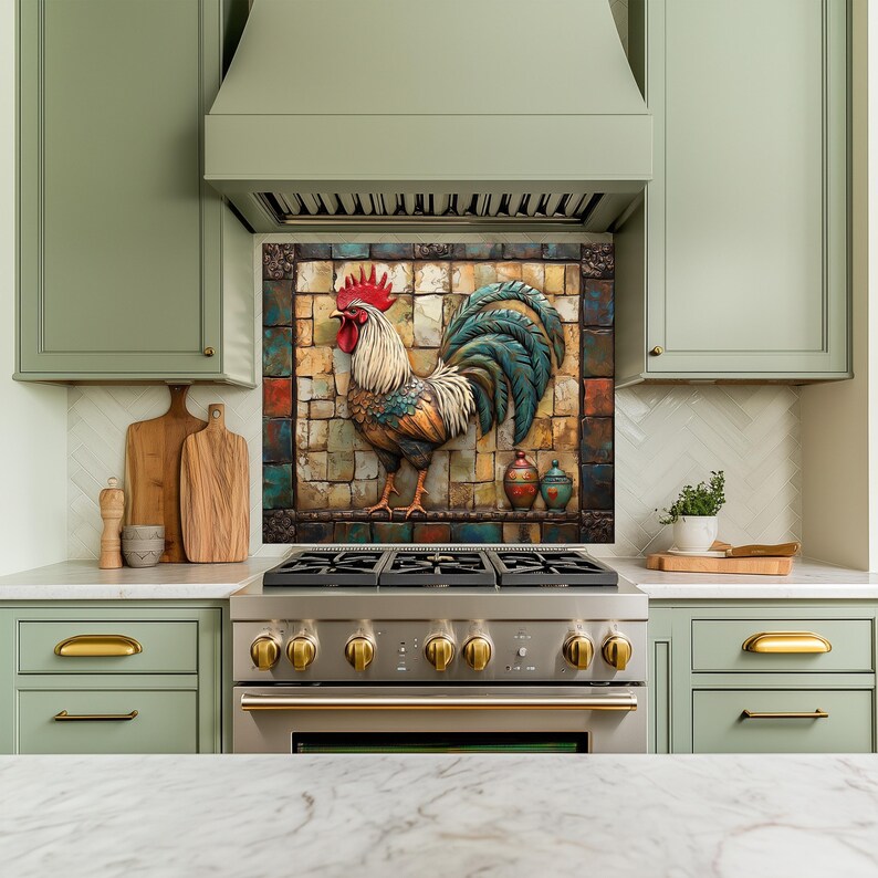 Rustic Rooster Tempered Glass Kitchen Backsplash: Heat & Scratch ...